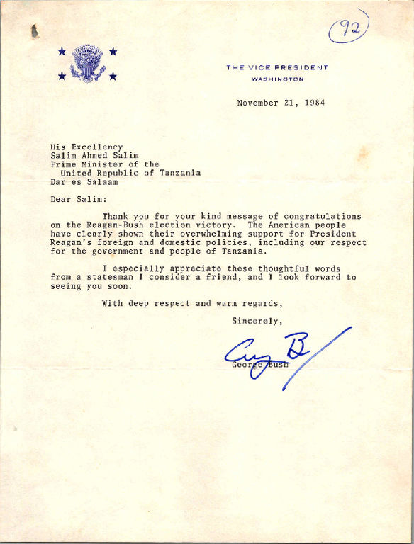 Letter of Thanks From Vice President George Bush | Salim Ahmed Salim