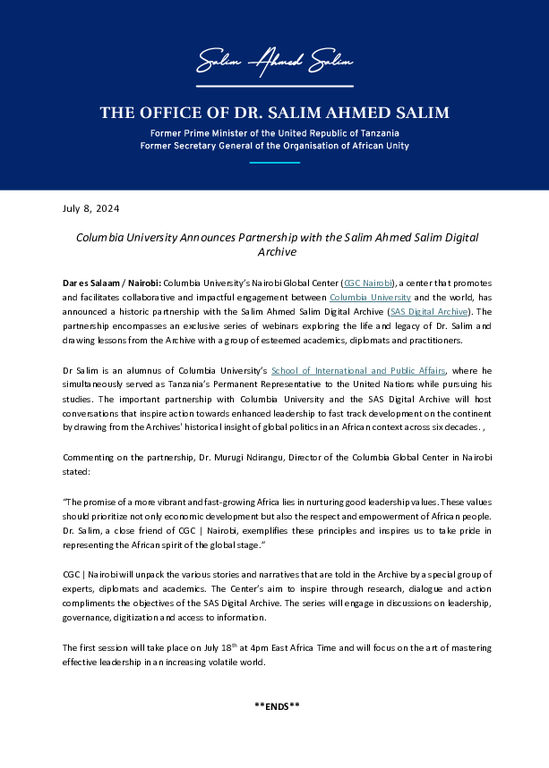 PRESS RELEASE: Columbia University Announces… | Salim Ahmed Salim
